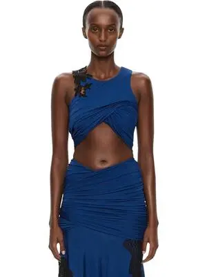 Christopher Esber CHRISTOPHER ESBER Hibiscus Embroidered Asymmetrical One-Shoulder Cropped Tank Black