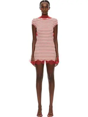 Christopher Esber Stripe Jersey Lace Trimmed Tee Dress - Red