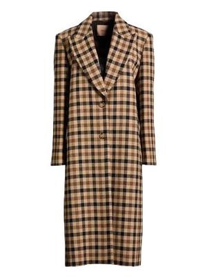 TWINSET Single-breasted Checked Long Coat - Camel