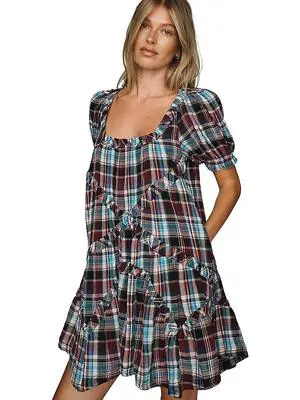 PILCRO Cotton Textured Puff Sleeve Mini Dress - Red Pattern