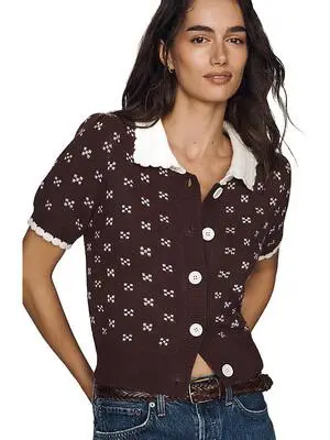 RAISONNEL Short-sleeve Collared Cardigan - Brown Pattern
