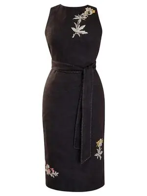 EXQUISE Julieta Midi Dress With Floral Embroidery - Black