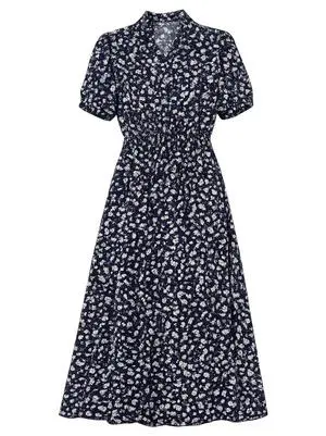YUMI Blue Yumi Navy Ditsy Floral Midi Shirt Dress With Ruched Waist