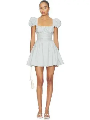For Love & Lemons Saltwater Striped Linen Puff Sleeve Mini Dress - Blue