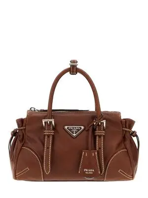 Prada Small Karin Leather Handbag With Silver Tone Finishing - Brown