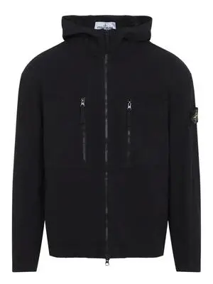 Stone Island Lightweight Cotton Hooded Jacket With Zip-up Chest Pockets And Detachable Badge - Black