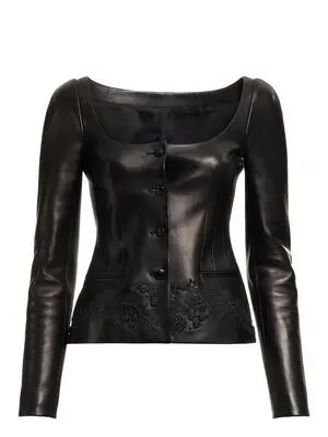 Elie Saab Embroidered Leather Scoop Neck Jacket - Black