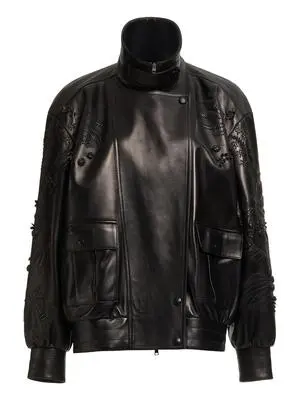 Elie Saab Embroidered Leather Bomber Jacket - Black
