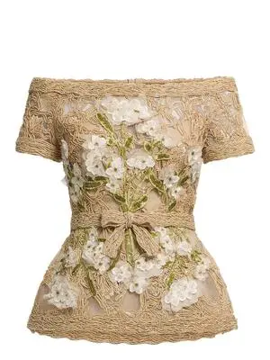 Elie Saab Floral-embellished Raffia-embroidered Off-the-shoulder Top - Neutral