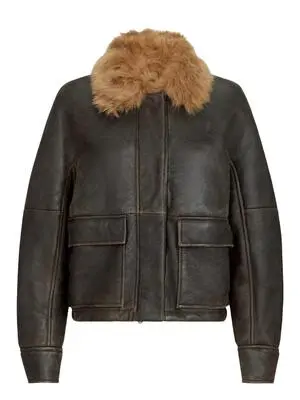Brunello Cucinelli Shearling Aviator Jacket With Monili - Black