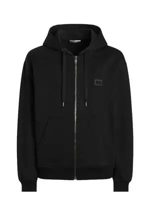 Dolce & Gabbana Cotton Hooded Sweatshirt With Logo Plate - Black