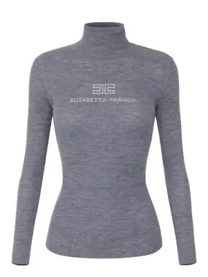 Elisabetta Franchi Ribbed Knit Turtleneck Top With Logo Inlay - Grey