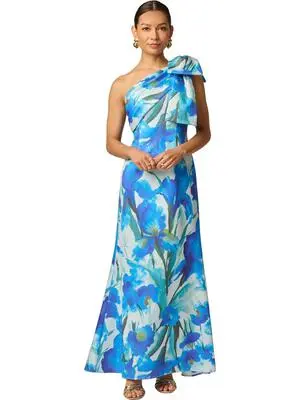 Adrianna Papell One Shoulder Floral Print Mermaid Gown - Blue Multi