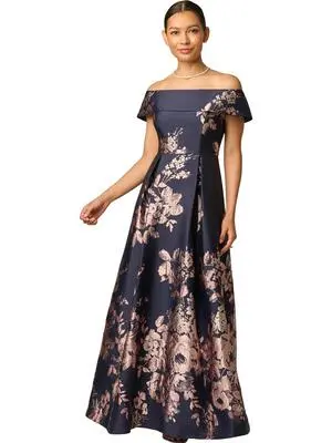 Adrianna Papell Petite Off Shoulder Metallic Floral Jacquard Gown - Navy/blush