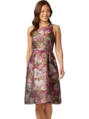 Adrianna Papell Rose Garden Metallic Jacquard Fit And Flare Dress - Burgundy Multi