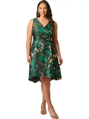 Adrianna Papell V-neck Metallic Jacquard Fit And Flare Midi Dress - Hunter/gold