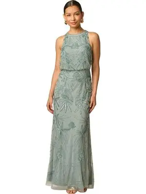 Adrianna Papell Petite Beaded Halter Blouson Maxi Dress - Sage