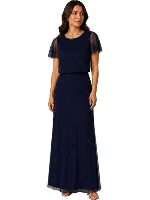Adrianna Papell Petite Flutter Sleeve Floral Beaded Blouson Gown - Navy