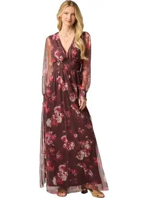 Adrianna Papell Bishop Sleeve Floral Mesh Maxi Dress - Brown Multi