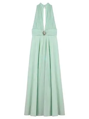 NOCTURNE Halterneck Maxi Dress With Brooch Detail - Green