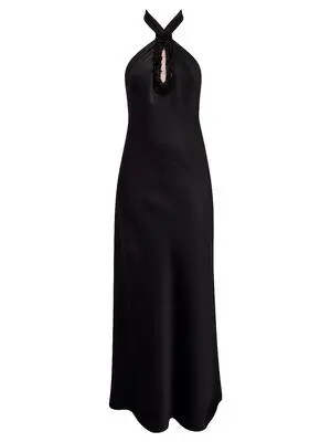 EXQUISE Satin Maxi Dress With Beaded Halter Neckline - Black