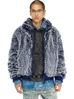 DIESEL® Diesel Shaggy Faux Fur Bomber Jacket With Stand Collar Blue