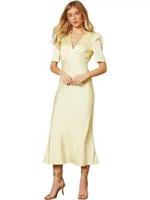 OASIS Satin V-neck Midi Dress - Butter
