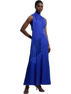 Karen Millen Satin Cowl Neck Maxi Dress With Fringe - Cobalt