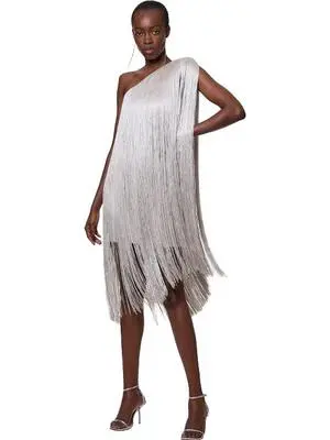 Karen Millen Petite Fringe One-shoulder Mini Dress - Silver