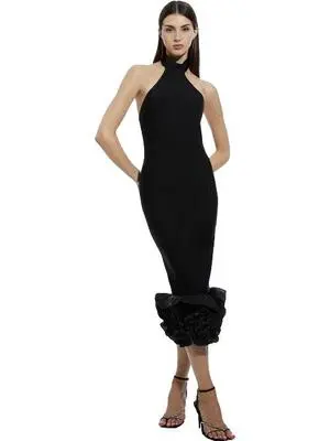 Karen Millen Bandage Halterneck Midi Dress With Ruffled Hem - Black
