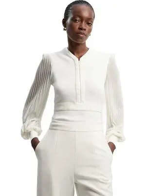 Karen Millen Pleated Sleeve Zip-neck Top - Ivory