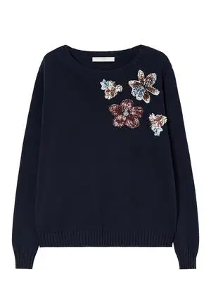 Marina Rinaldi Cotton Sequin Embellished Sweater - Navy