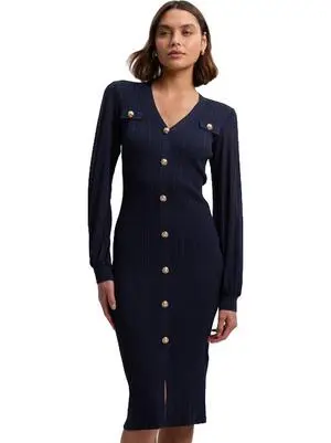 Karen Millen V-neck Sleeveless Rib Knit Midi Dress - Navy
