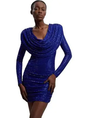 Karen Millen Embellished Cowl Neck Long Sleeve Mini Dress - Cobalt