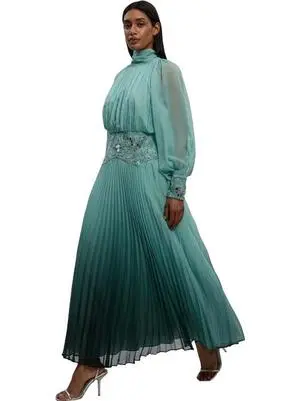 Karen Millen Long Sleeve High Neck Pleated Maxi Dress - Green