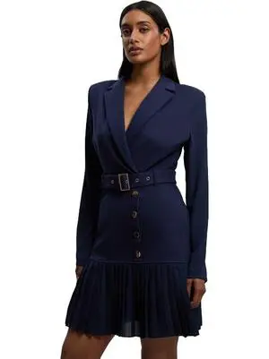Karen Millen Pleated Skirt Collared Mini Dress - Navy