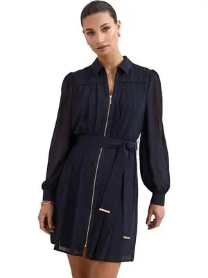 PHASE EIGHT Pleated Zip Shirt Mini Dress - Navy