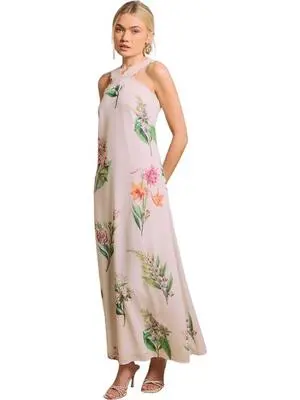 OASIS Halterneck Floral Maxi Dress With Lace Trim - Ivory