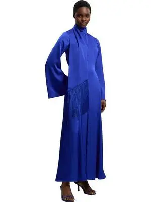 Karen Millen High Neck Long Sleeve Maxi Dress With Fringe Detail - Cobalt