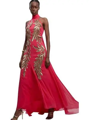 Karen Millen Halter Neck Embellished Maxi Dress - Pink