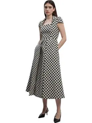 Karen Millen Spot Jacquard Square Neck Midi Dress - Mono
