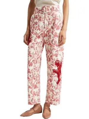 Cinq À Sept Floral Ribbon Bead Fringe Detail Stretch Cotton Pants - Cherry Rose Multi