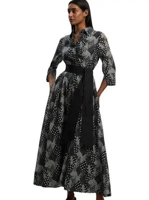 Karen Millen Geometric Print Long Sleeve Belted Shirt Dress - Mono
