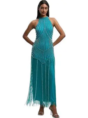 Karen Millen Embellished Crystal Fringe Halterneck Maxi Dress - Blue