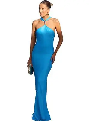 Karen Millen Halterneck Satin Maxi Dress - Aqua