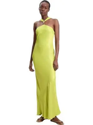 Karen Millen Halterneck Satin Maxi Dress - Chartreuse