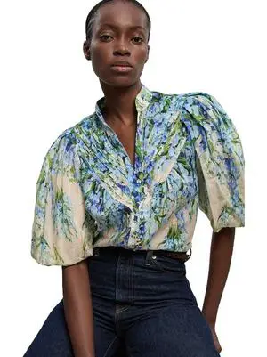 Karen Millen Floral Puff Sleeve Blouse - Blue