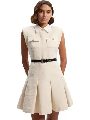 Karen Millen Sleeveless Tweed Mini Dress With Contrast Collar - Cream