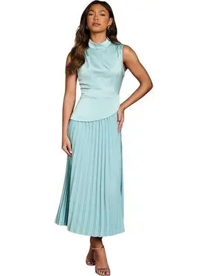 Coast High Neck Pleated Midi Dress - Duck Egg Blue
