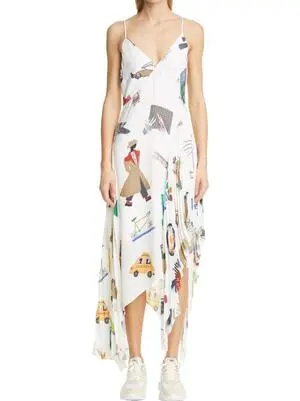 Monse Nyc Scrapbook Print Pleated Asymmetric Slipdress - Ivory Multi
